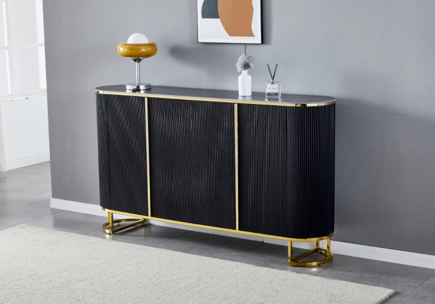 Buffet Ovale Marbre Noir Doré - Design Cannelé NALIA - DEKOFLIX
